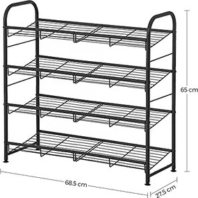 Botník z kovu, 4 police, stohovatelný, Černý, 65x68.5x27.5 cm