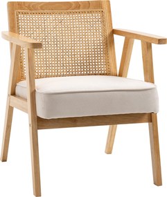 HOMCOM Křeslo do obýváku Relaxační židle s opěrkami, sedákem, lounge křeslo s ratanovým opěrákem, čtecí křeslo s vzhledem lnu, dřevěný rám, čalouněné