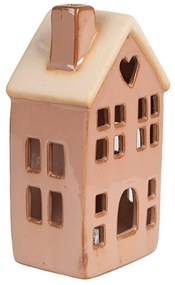Vánoční dekorace s LED světlem hnědý porcelánový domeček s okny, srdíčkem a komínem – 8x6x15 cm