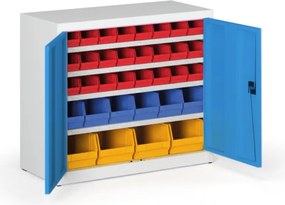 Skříň s plastovými boxy BASIC - 800 x 400 x 920 mm, 24xA, 6x B, 4x C, šedá/modré dveře