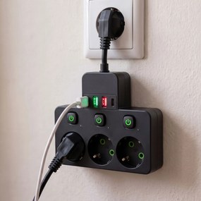 Toolight Toolight, JNH018, zásuvkový rozbočovač 3 zásuvky + 3× USB-A + USB-C s LED světlem, černá, OSW-56307