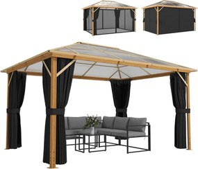 Outsunny pergola 4 × 3 m s pevnou polykarbonátovou střechou 6 mm, dřevodekor, síť proti hmyzu a 4 bočními závěsy — zimovzdorná pergola (přírodní dřevo