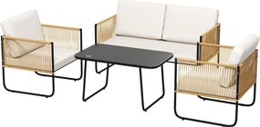 Outsunny Zahradní Souprava pro 4 Osoby, Balkonová Ratanová Lounge se 2-místnou Pohovkou, Křesly, Skleněným Kávovým Stolkem, Odnímatelnými Polstrování…