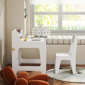 AIYAPLAY Dětský psací stůl s židlí, 2 zásuvky a držák na hrnek, Bílá, 62,8×55,6×73,8 cm