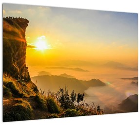 Skleněný obraz údolí v ranní mlze (70x50 cm)