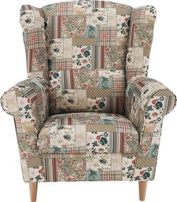 relaxační křeslo, ušák, dřevo/látka, nohy světlé/potah patchwork viorica 1, Tempo Kondela CHARLOT