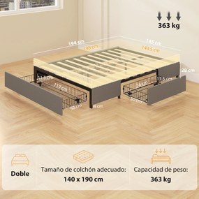 HOMCOM manželka postel 140x190 cm lamelový rošt se 3 zásuvkami a kovovým rámem, nosnost 363 kg, šedá