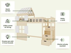 Benlemi Zvýšená postel CHALOUPKA s poloviční střechou a úložnými schody 90x200 cm Zvolte barvu: Bílá s transparentně lakovanými prvky, Zvolte stranu: Vlevo