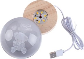 Skleněná LED koule na dřevěném podstavci MEDVÍDEK