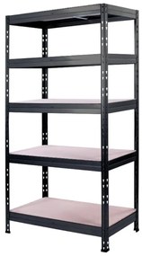 Kovový regál RIVET s dřevěnou HDF policí, 180x90x45cm, 5 polic, 450 kg na polici, antracitová hladká struktura