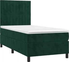 Box spring postel s matrací a LED tmavě zelená 90x200 cm samet 3136224