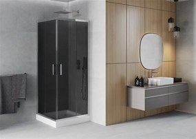 Mexen Rio, čtvercový sprchový kout s posuvnými dveřmi 80 x 80 cm, 5mm šedé sklo, chromový profil + bílá vysoká vanička, 860-080-080-01-40-4510