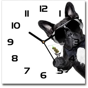 Wallmuralia Skleněné hodiny čtverec Pes s martini 30x30 cm