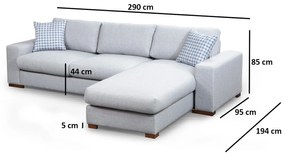 Designová rohová sedačka Bellona 290 cm světle šedá - pravá