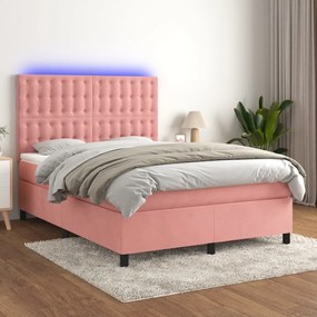 Box spring postel s matrací a LED růžová 140x190 cm samet