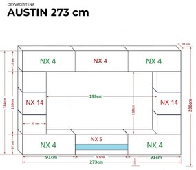 Ral Obývací stěna AUSTIN 3, 273 cm - Bílý lesk