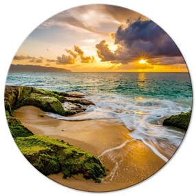 Kulatý obraz Krajina - zarostlé kameny na pláži při západu slunce