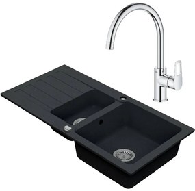 Vima Dřezový set Grohe 3/O- Granitový dřez, 1,5 sektoru, 96x48cm, Tmavá grafit matná + Dřezová baterie Grohe Bau Loop