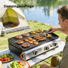 Plynový gril 7,5 KW Přenosný stolní gril se 3 hořáky Keramický lak Grilovací rošt Ohřívací rošt
