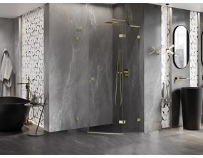 Mexen Lunar, L pravý výklopný pětiúhelníkový sprchový kout 90 x 90 cm, 8mm čiré sklo, zlatý profil, 831L-090P-090L-50-00-P