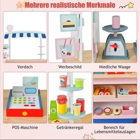 Costway Dětský dřevěný jídelní vozík na 3 kolečkách s pokladnou Food