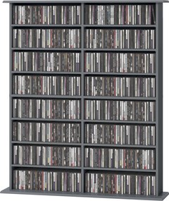 HOMCOM úložný prostor na CD a DVD s 16 přihrádkami a 12 nastavitelnými policemi, maximální kapacita 720 CD/396 DVD a Blu-ray, šedá
