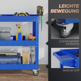 DURHAND Vozík na nářadí s kolečky, ocelový pracovní vozík se 3 policemi a bočním madlem pro domácí mechaniky, nosnost 150 kg, 83x35,3x76 cm, modrý
