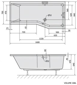 Polysan VERSYS R asymetrická vana 160x84x70x47cm, bílá 15611