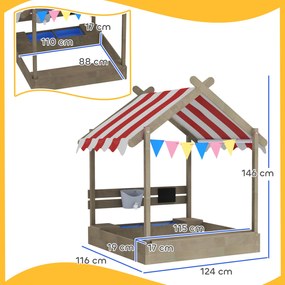 Pískoviště s ochranou proti slunečnímu záření, design domečku na hraní, se sadou hraček, opracované masivní dřevo, 124 x 116 x 146 cm, šedá barva