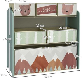 ZONEKIZ dětský regál na hračky se 6 vyjímatelnými boxy z netkané textilie, regál do dětského pokoje, do školky, 63 x 30 x 66 cm, zelený