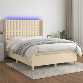 Box Spring Postel S Matrací A Led Textil Krémová tlačítka 140 x 190 cm