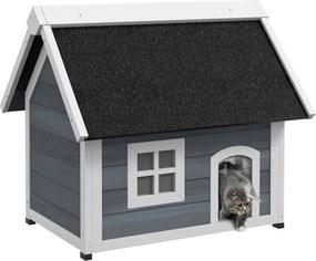 PawHut Venkovní Kočičí Dům Kočičí Jeskyně z Dřeva s Sklopnou Asfaltovou Střechou, Odolný Vůči Počasí Kočičí Chata s Okénkem, 3 Dveřmi, 77 x 57,5 x 68