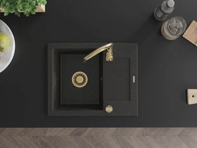 Mexen Enzo, granitový dřez 576x465x174 mm, 1-komorový, černá-zlatá metalíza se zlatým sifonem, 6506571005-75-G