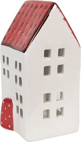 Bílo-červený svícen porcelánový domek - 8*8*15 cm