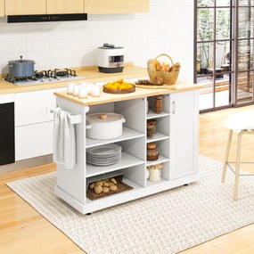 HOMCOM Kuchyňský Ostrov Trolley, Vozík, Kuchyňský Vozík, 7 Otevřených Přihrádek, 1 Skříňka s Dveřmi, 129 x 51 x 93 cm, Dřevo a Bílá