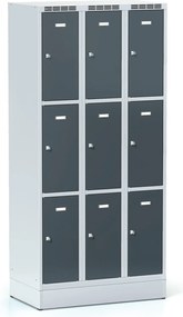 Šatní skříňka S6 s úložnými boxy na soklu, 9 boxů, 1920 x 900 x 500 mm, otočný zámek, tmavě šedé dveře
