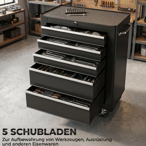 HOMCOM Odborný vozík na nářadí, prázdný, uzamykatelný s 5 zásuvkami, 2 klíči, protiskluzovými rohožemi, černý