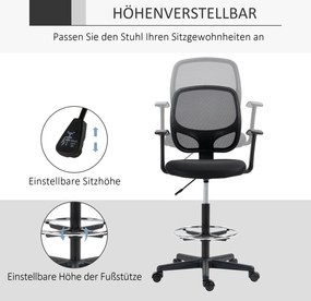 Ergonomická kancelářská židle Vinsetto kancelářská židle, otočná židle, kreslící židle, nastavitelný kroužek na nohy, do 120 kg, černá, 60x56x110-132…