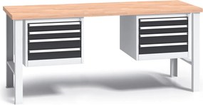 Pracovní stůl do dílny G3 se 2 závěsnými boxy na nářadí, buková spárovka, 8 zásuvek, pevné kovové nohy, 2000 mm, grafit