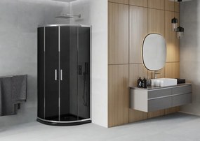 Mexen Rio, čtvrtkruhový sprchový kout s posuvnými dveřmi 90 x 90 cm, 5mm šedé sklo, chromový profil + černá sprchová vanička, 863-090-090-01-30-4170