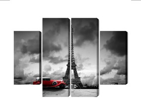 Vícedílný obraz Černobílý Pohled Na Eiffelovu Věž A Retro Auto Nedostatek Nedostatek Přírodní plátno 160x120