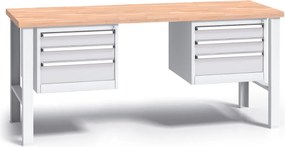 Pracovní stůl do dílny G3 se 2 závěsnými boxy na nářadí, buková spárovka, 6 zásuvek, pevné kovové nohy, 2000 mm, šedá
