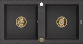 Mexen Mario, granitový dřez 820x436x161 mm, 2-komorový, černá skvrnitá se zlatým sifonem, 6504822000-76-G