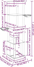 Škrabadlo pro kočky se sisalovými sloupky světle šedé 147 cm 171781