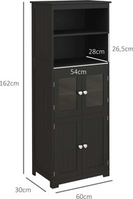 HOMCOM Kuchyňská kredenc s 4 dveřmi, 2 otevřenými policemi a nastavitelné police pro obývací pokoj 60x30x162 cm Černá