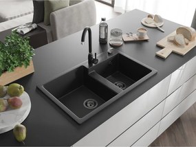 Mexen Tomas, granitový dřez 800x500x190 mm, 2-komorový, černá s černým sifonem, 6516802000-77-B