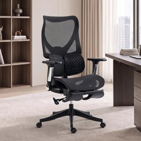 HOMCOM ergonomická síťovaná kancelářská židle s bederní opěrkou a podnožkou, černá