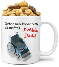 Hrnek Důchod není konec cesty (Náplň hrníčku: Směs slaných oříšků)