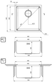 Deante Egeria, nerezový dřez pod desku 1-komorový B/O 440x440x200 3,5" + prostorově úsporný sifon, vzor satyna, ZPE_010B