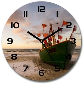 Wallmuralia Skleněné hodiny kulaté Rybářská loď pláž fi 30 cm